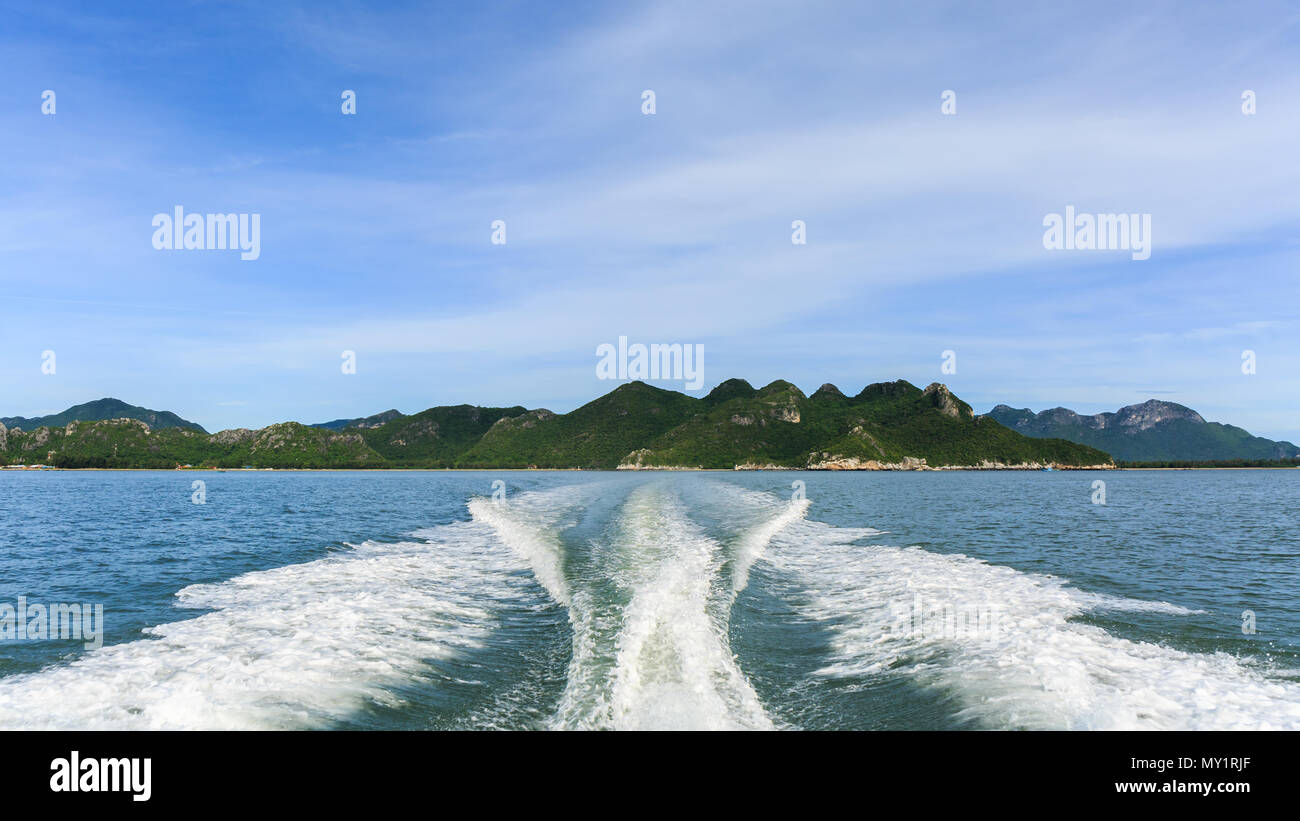 Wave of trace tail of speed boat on water surface in the sea Stock ...