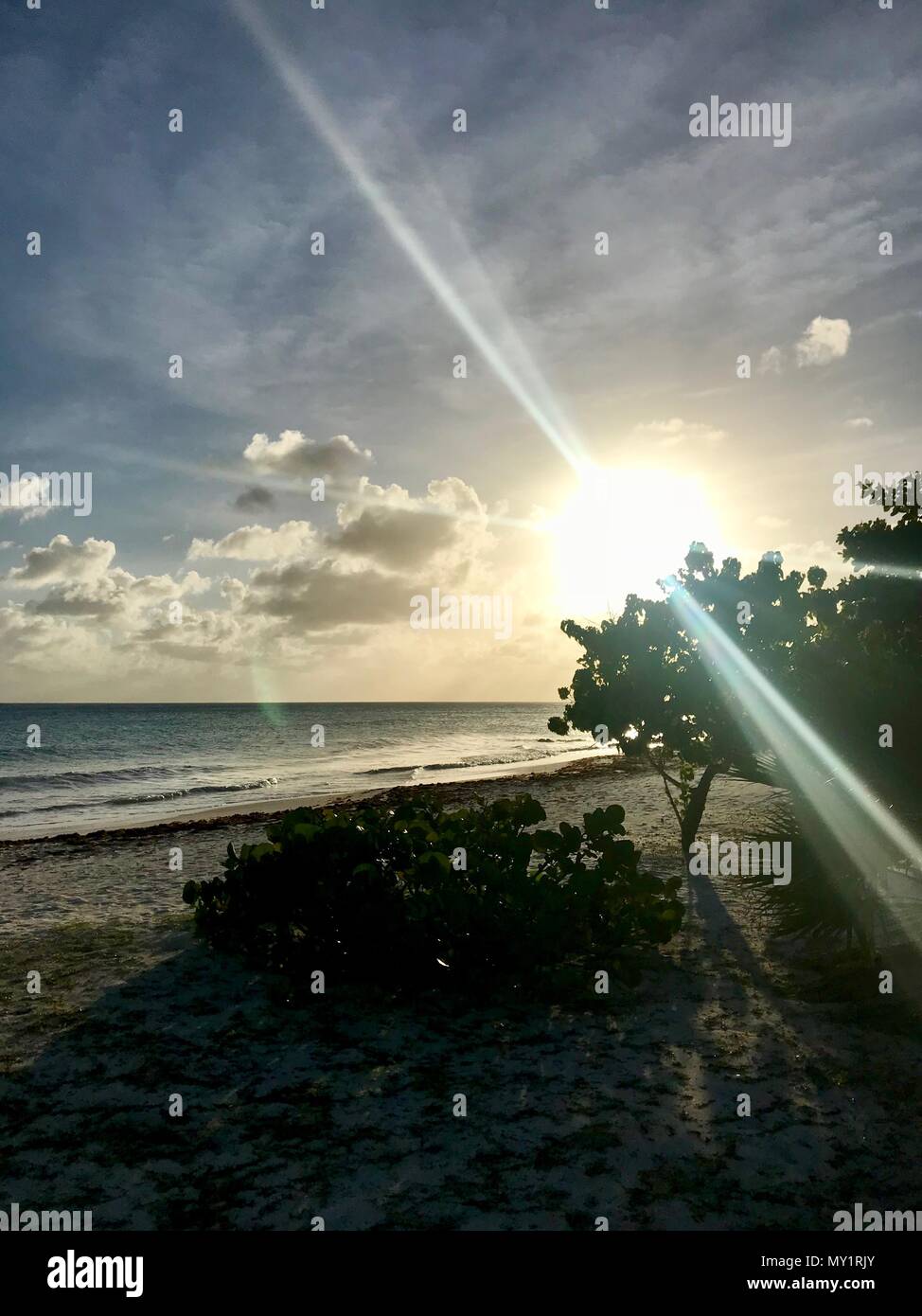 Sunset at a coastal street in Oistins, Barbados (Caribbean Island) with ...