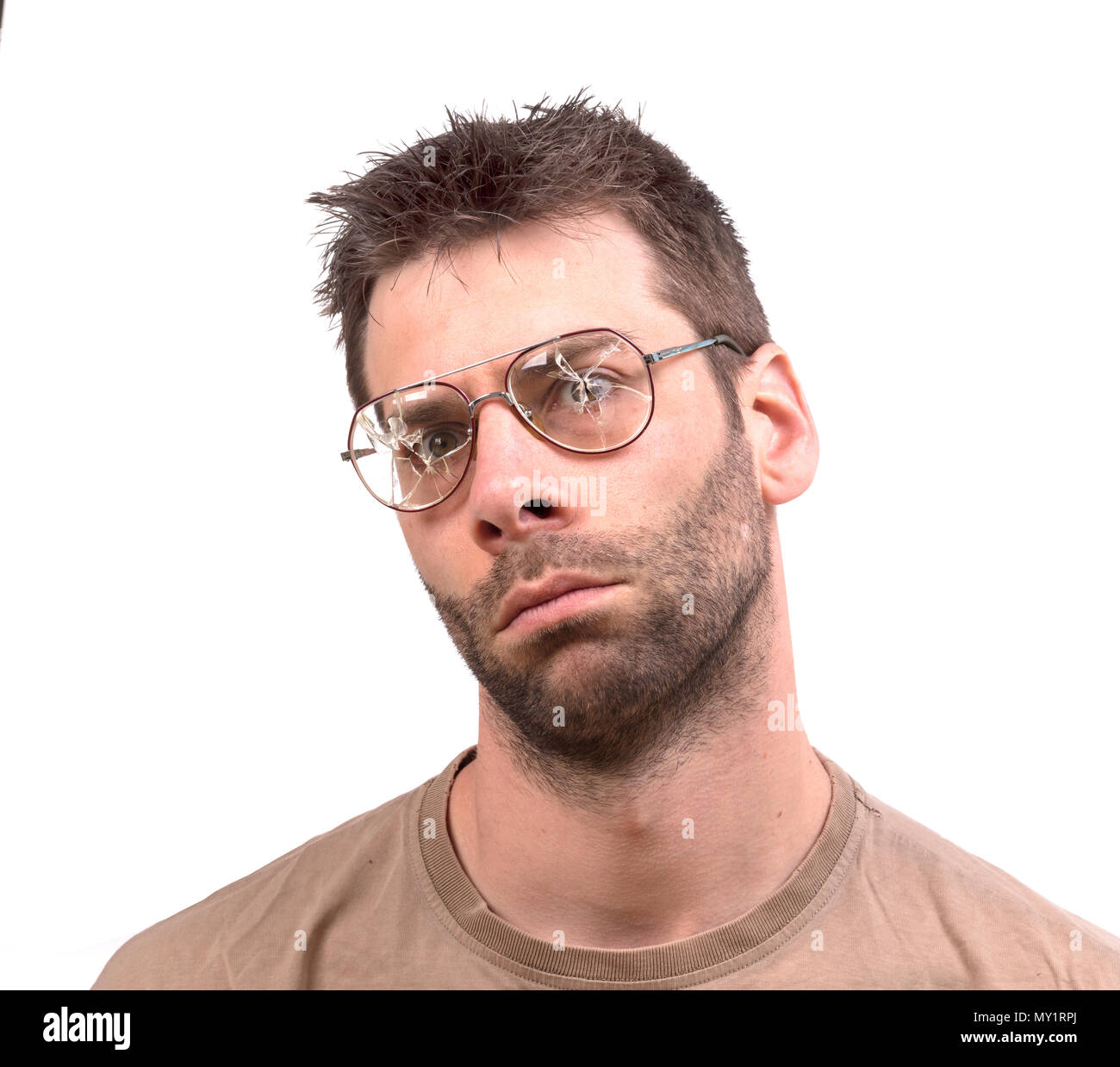 Goofy man with broken vintage glasses - Isolated on white Stock Photo ...