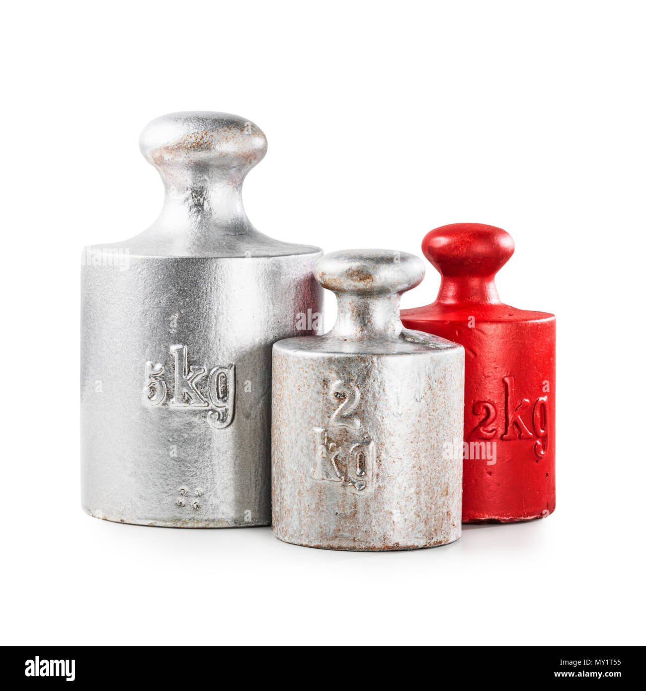 Old weights silver and red colored isolated on white background ...