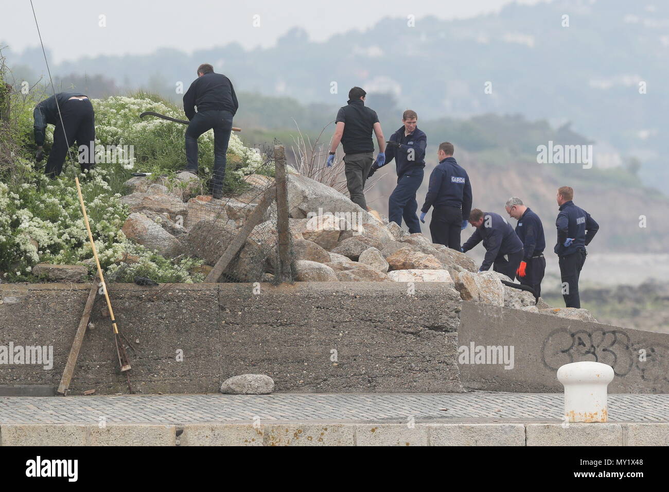 A Garda search team at the harbour wall in Bray, Co Wicklow, near to ...