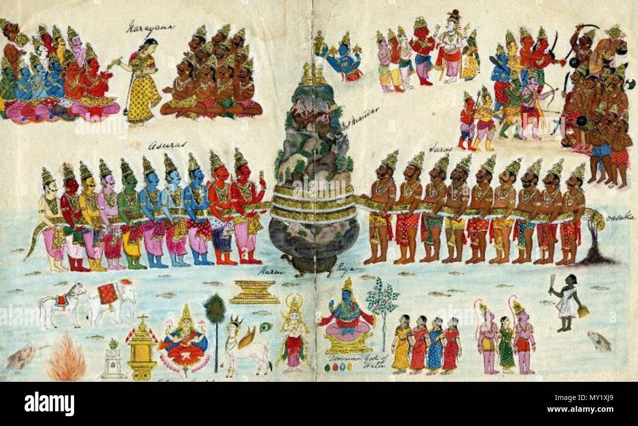 . English: 'Painting on paper depicting The Churning of the World. This ...