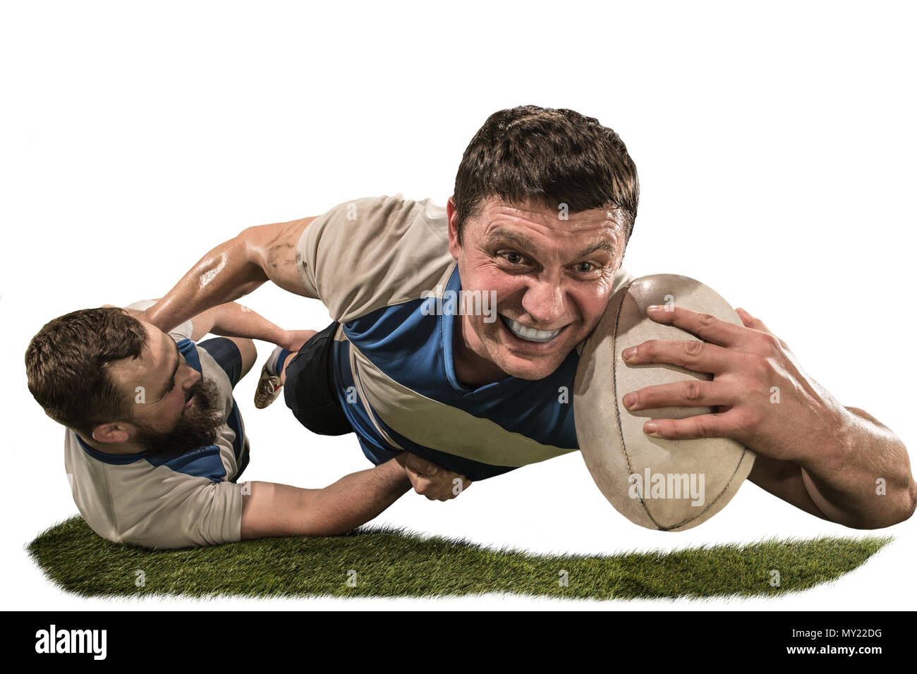 The silhouette of two caucasian rugby man player isolated on white ...
