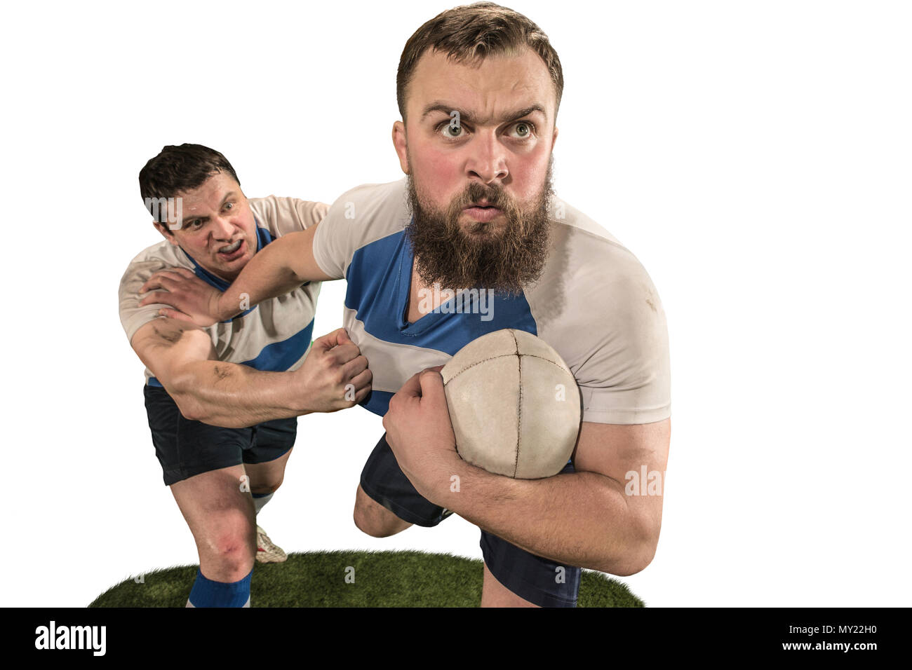 The silhouette of two caucasian rugby man player isolated on white ...
