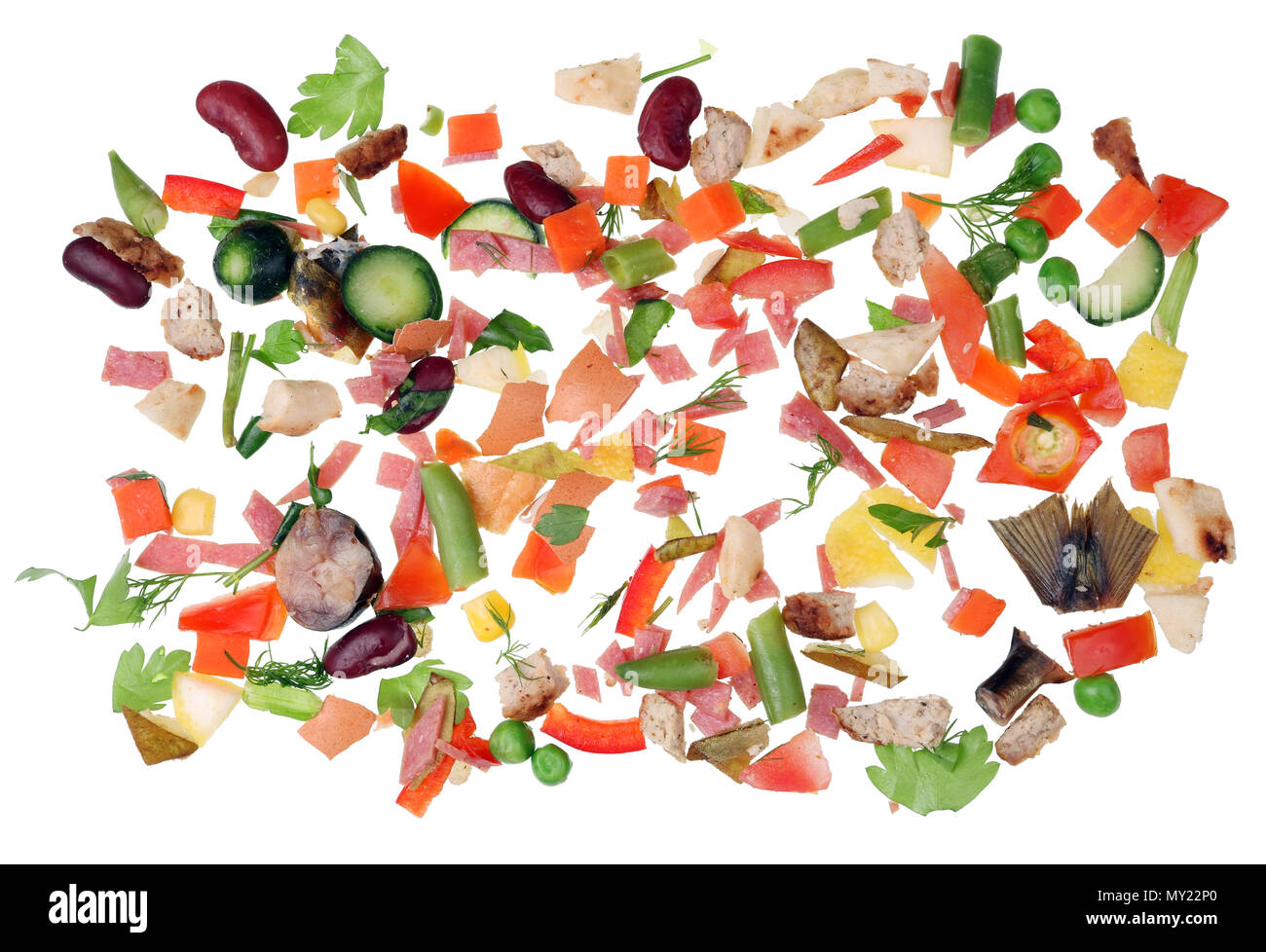 Small micro pieces of food waste are scattered on a white kitchen table ...