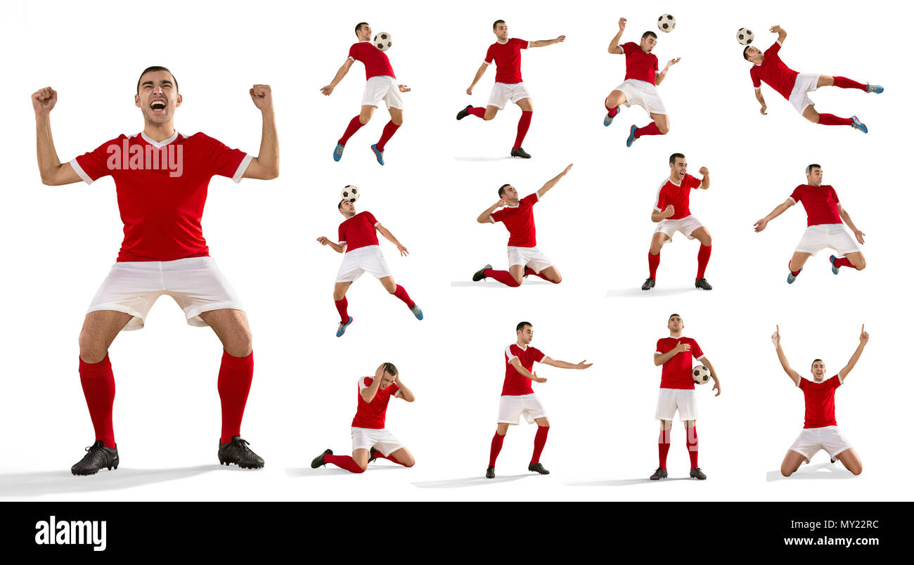 Professional football soccer player with ball isolated white background ...