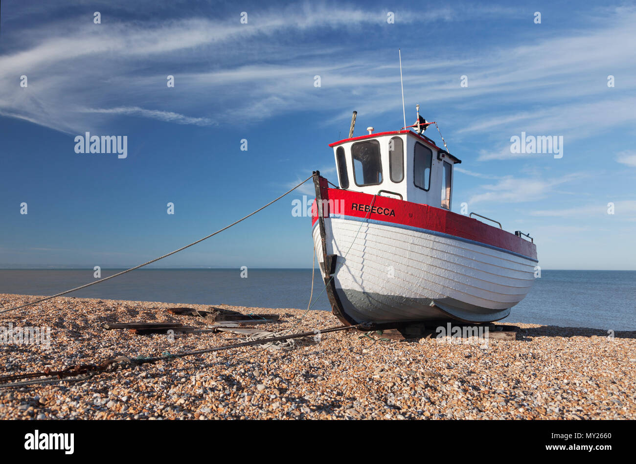 Fishing boat 'Rebecca' at Dungeness beach Stock Photo - Alamy