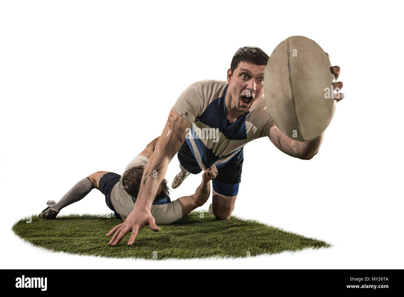 The silhouette of two caucasian rugby man player isolated on white ...