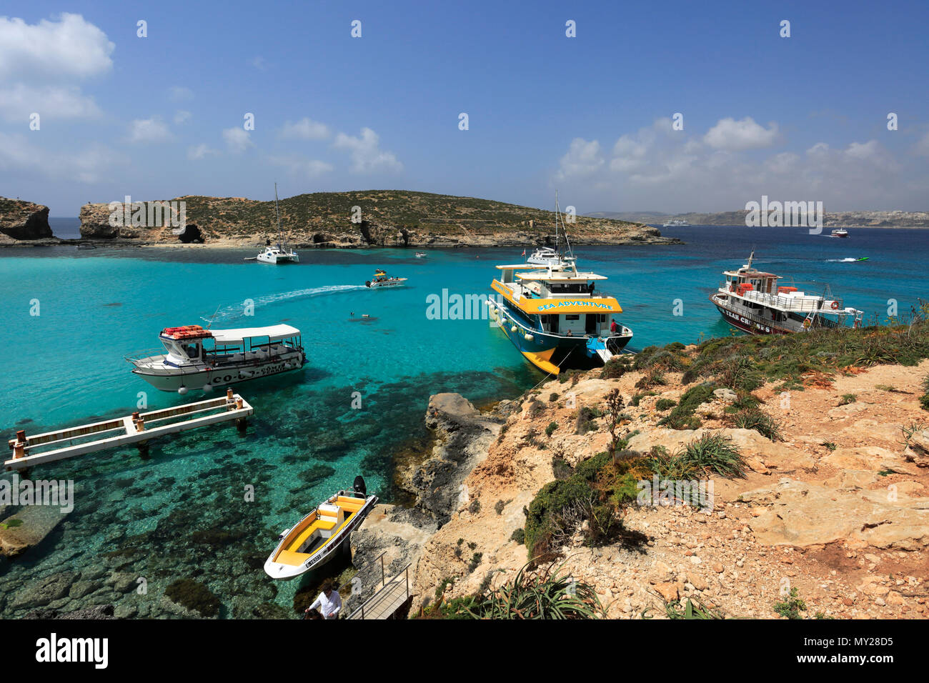 Summer view over the Blue Lagoon, one of the best beaches in Malta, on ...