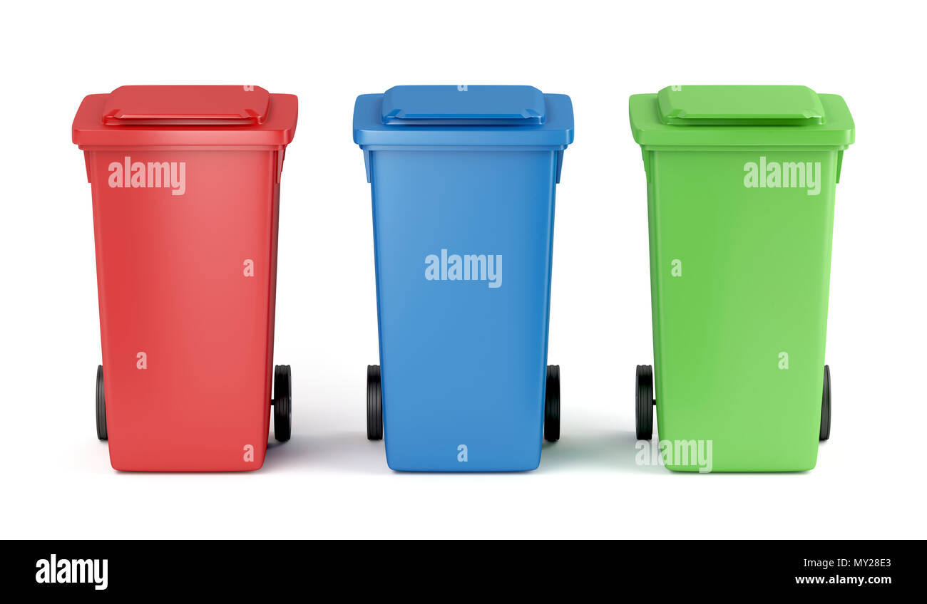 Red, blue and green plastic garbage bins on white background Stock ...