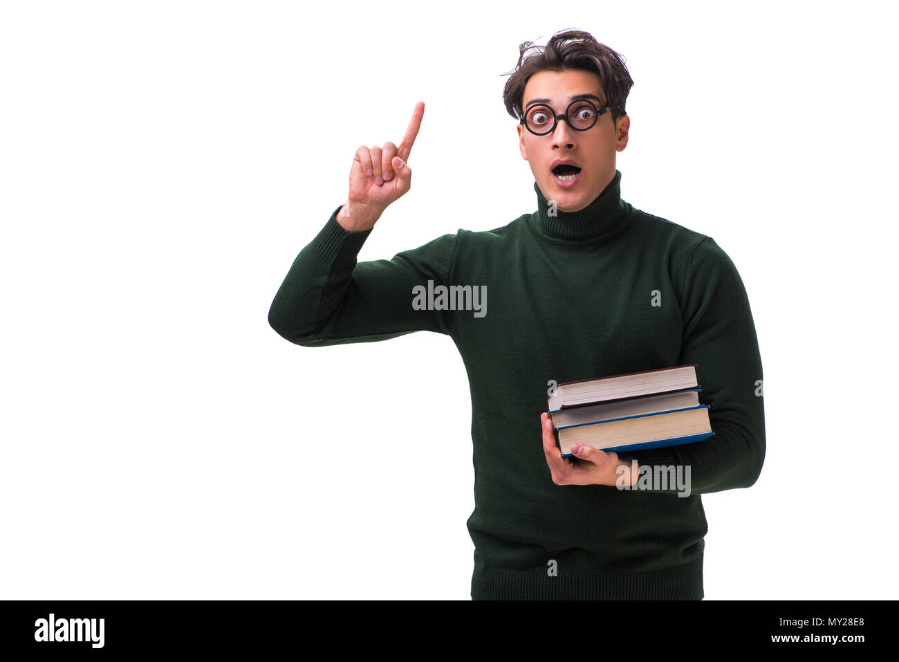Nerd young student with books isolated on white Stock Photo - Alamy