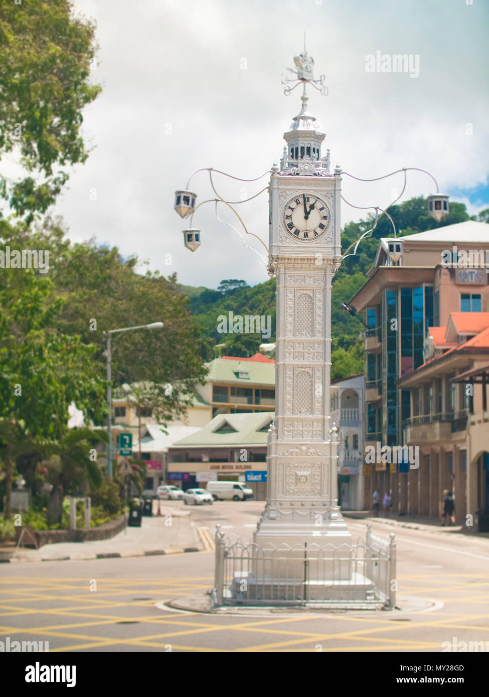 Victoria Clock Tower in Victoria, Seychelles. Viewed from the street ...