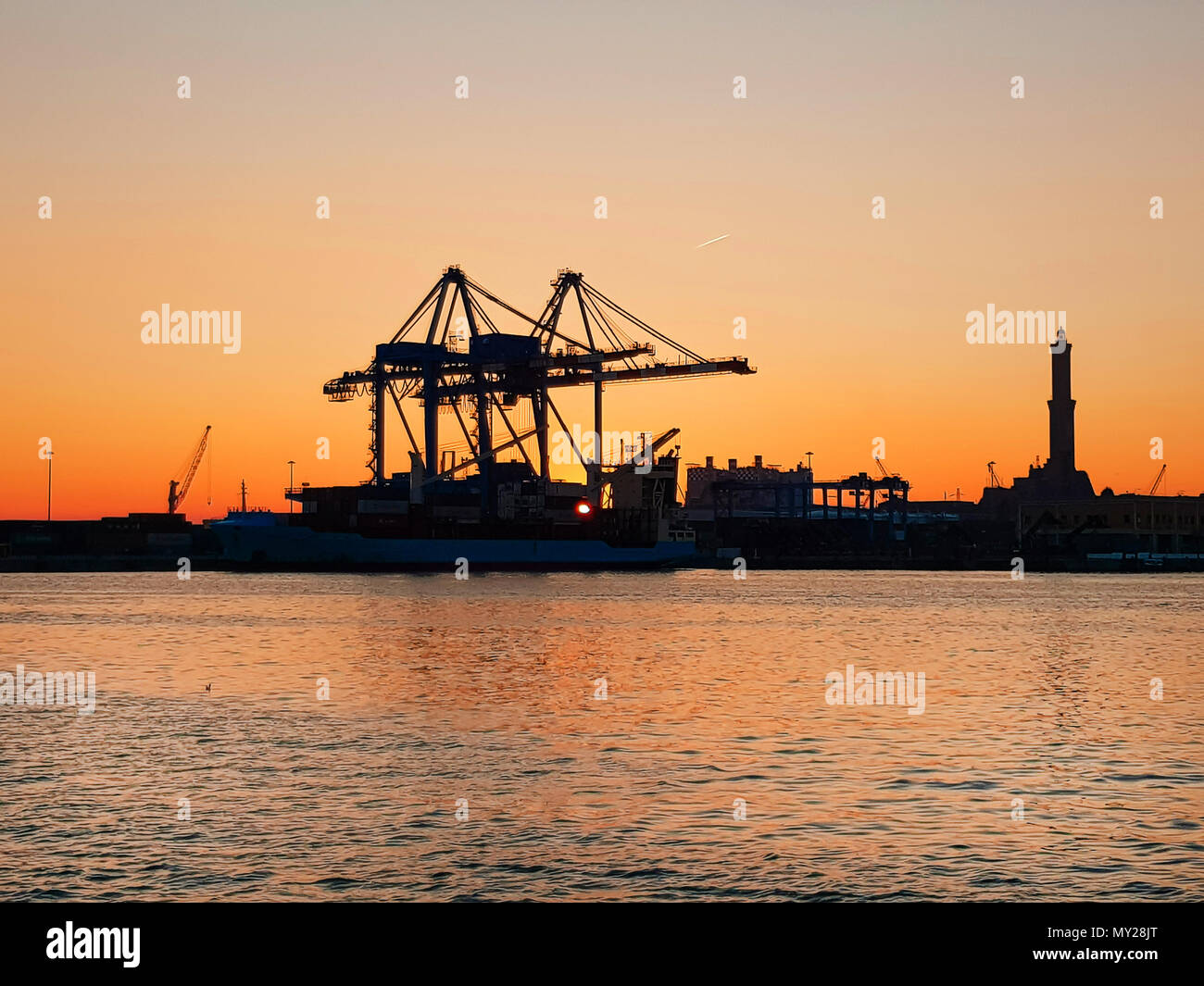 Industrial port at the Port of genoa italy with sunset, Containers ...