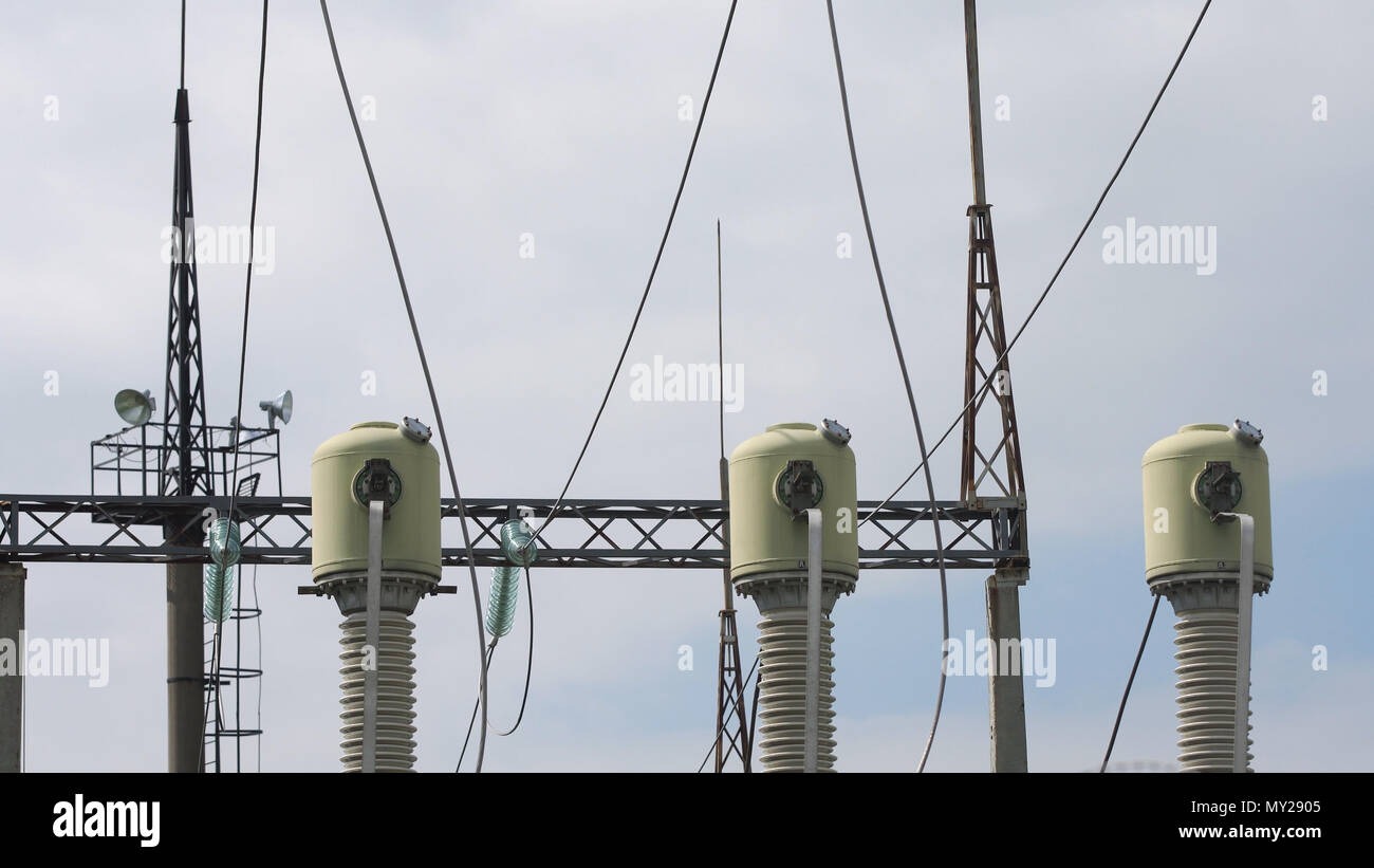 Aerial view Power plant, transformation station, cables and wires ...