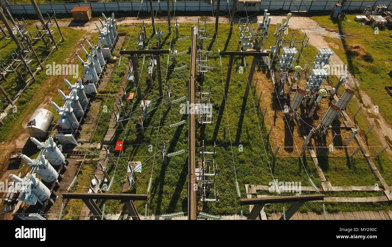 Aerial view Power plant, transformation station, cables and wires. High ...