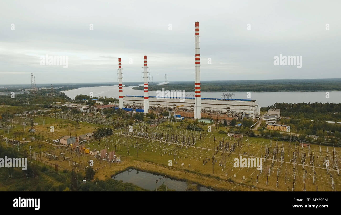 Aerial view Hydroelectric power station, transformation station, cables ...