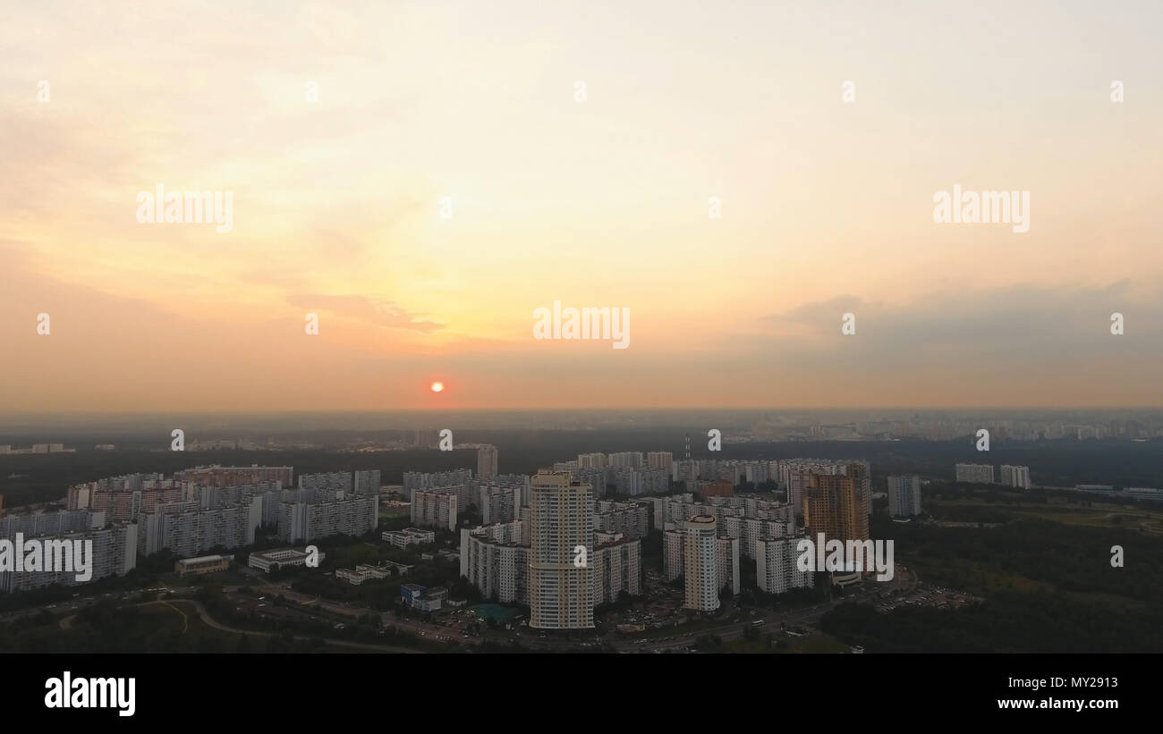 Aerial view Moscow Skyline of big city full of skyscrapers at sunset ...