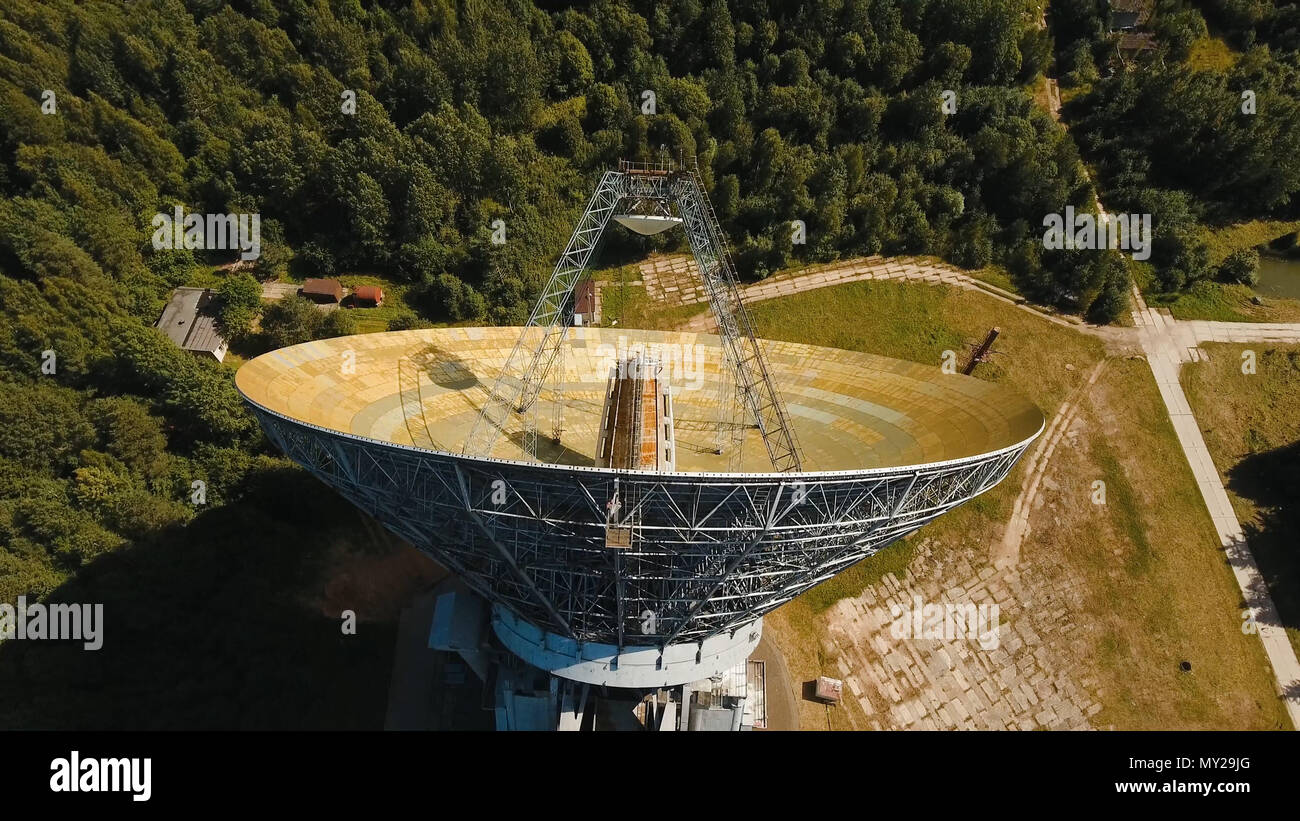 Radio astronomy observatory located in the forest. Aerial view Giant ...
