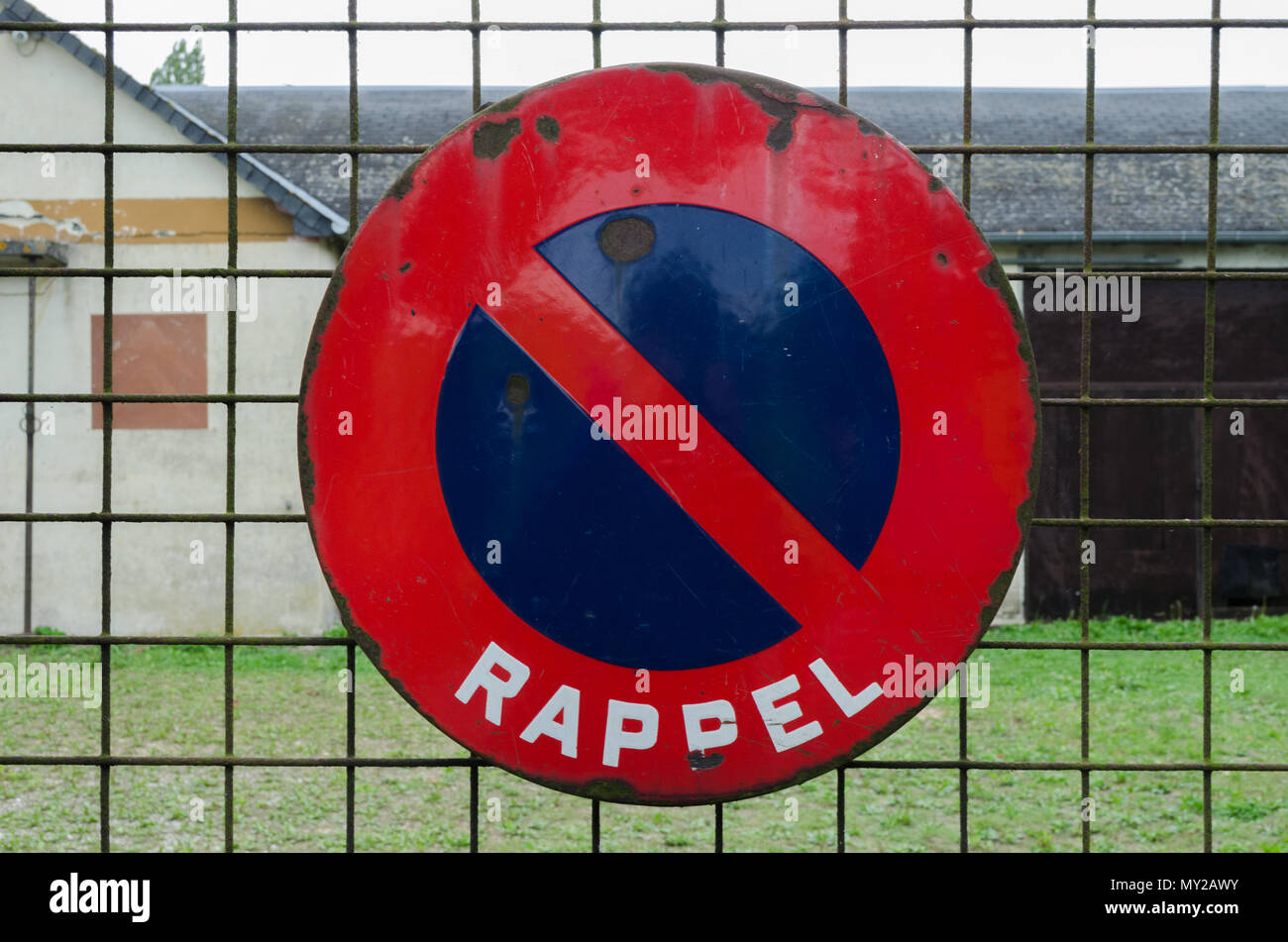 French Rappel road sign. A blue background with a red border Stock ...