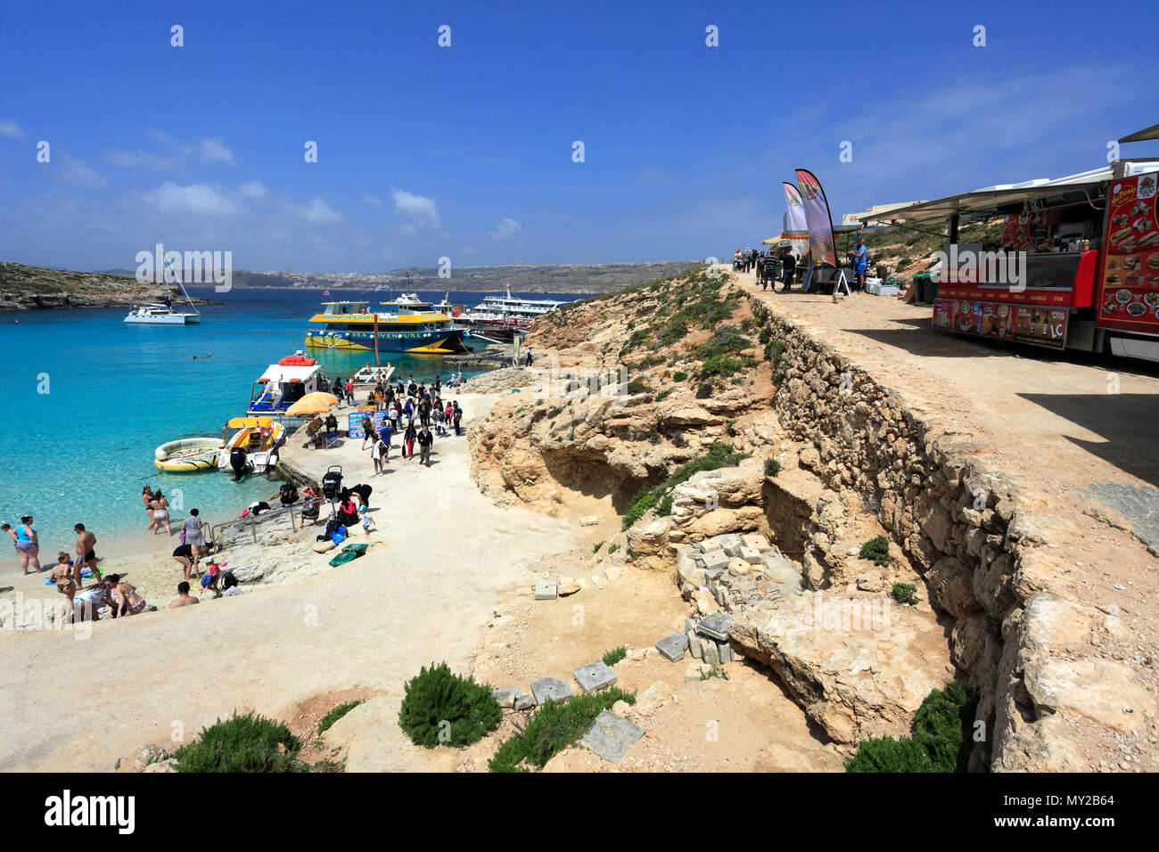 Summer view over the Blue Lagoon, one of the best beaches in Malta, on ...
