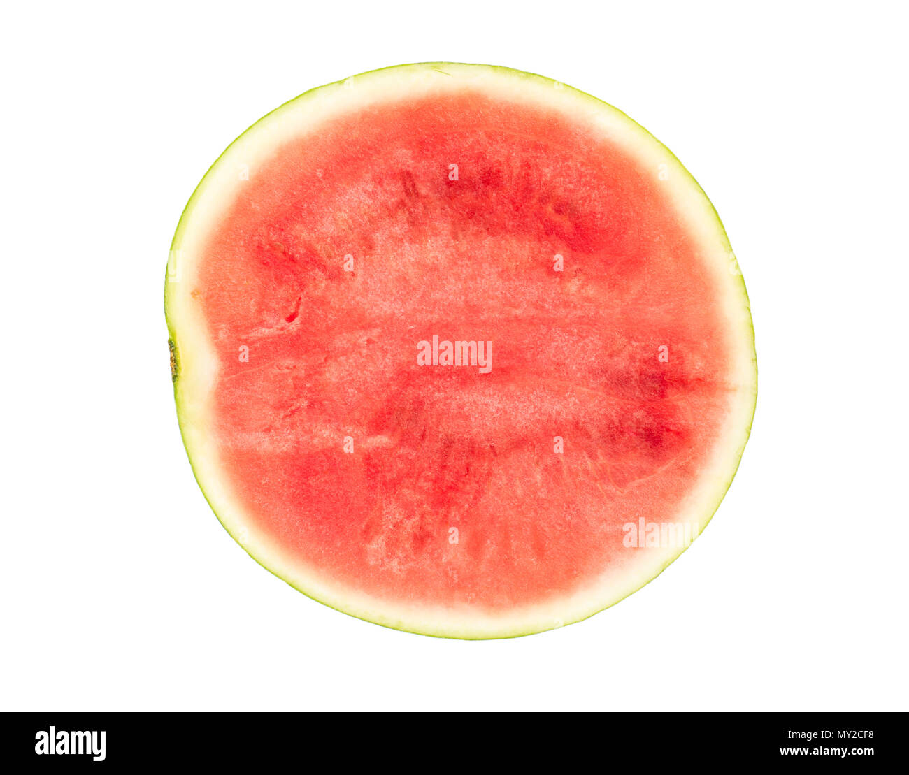 Juicy half of a watermelon without seed on white background top view ...