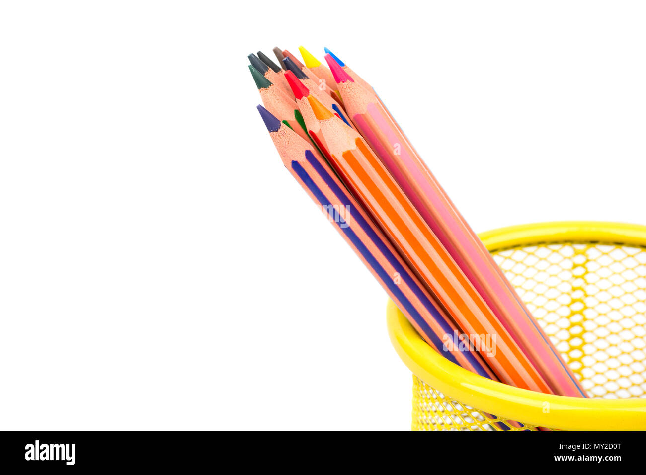 Colored pencils in a metal basket on white background Stock Photo - Alamy