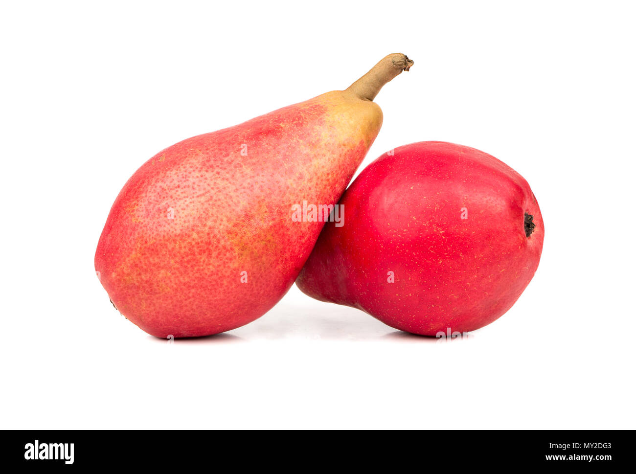 Two ripe red fruit pears on white background Stock Photo - Alamy