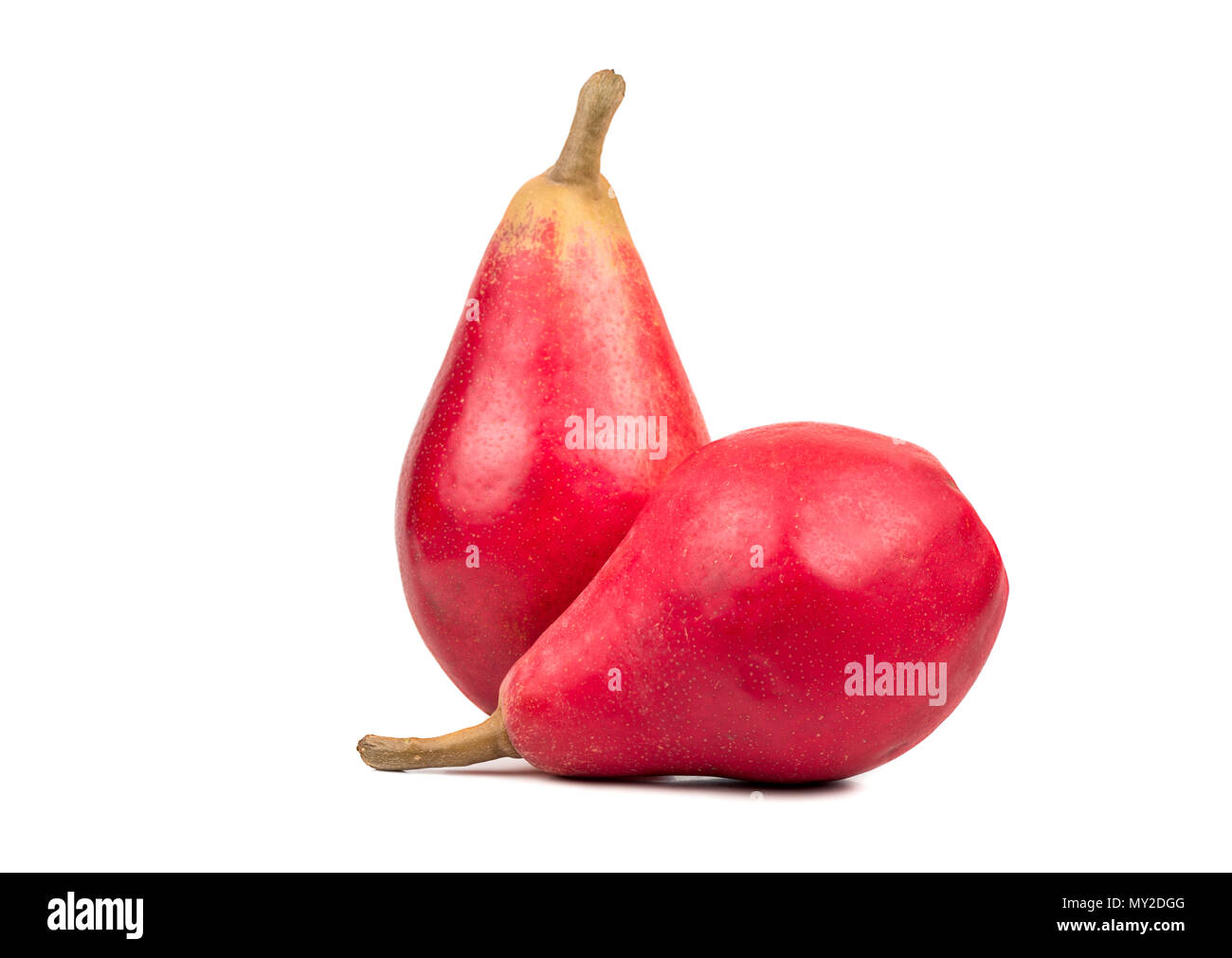 Two ripe red fruit pears on white background Stock Photo - Alamy