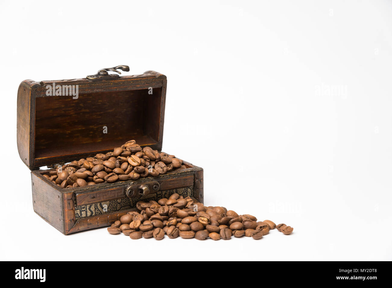 small wooden box with coffee beans on white background Stock Photo - Alamy