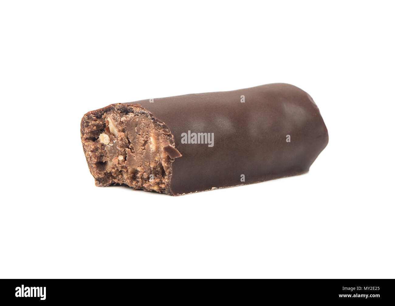 Bitten chocolate candy with nuts on white background Stock Photo - Alamy