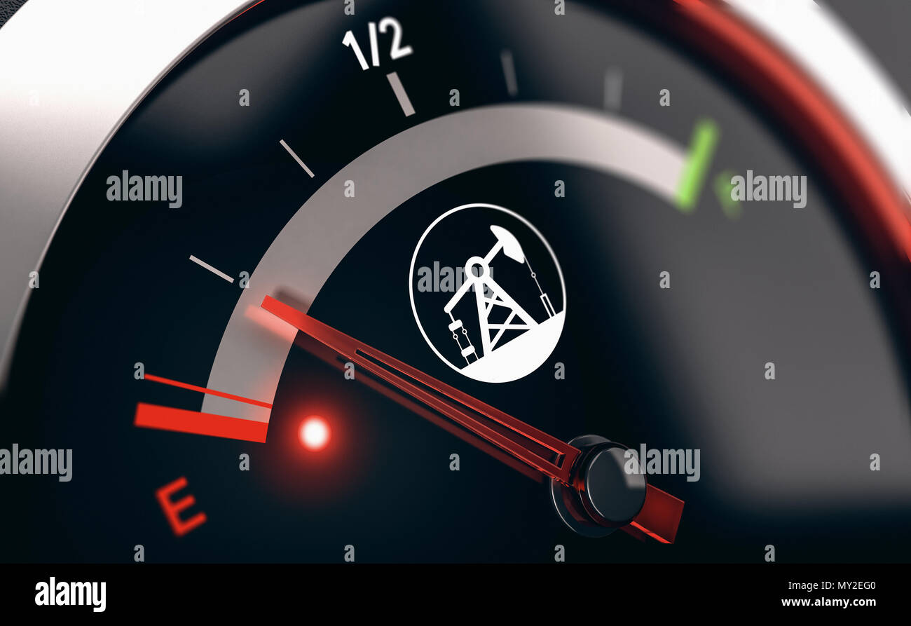 3D illustration of a conceptual fuel gauge with the needle pointing the ...