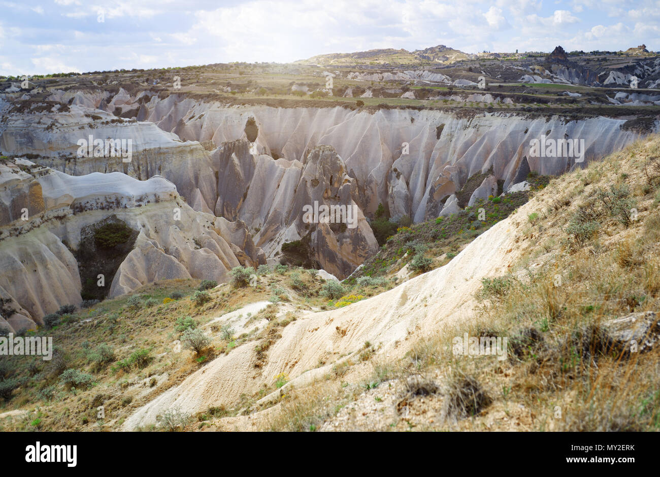 Limestone and tuff rock formations in Cappadocia, Turkey Stock Photo ...