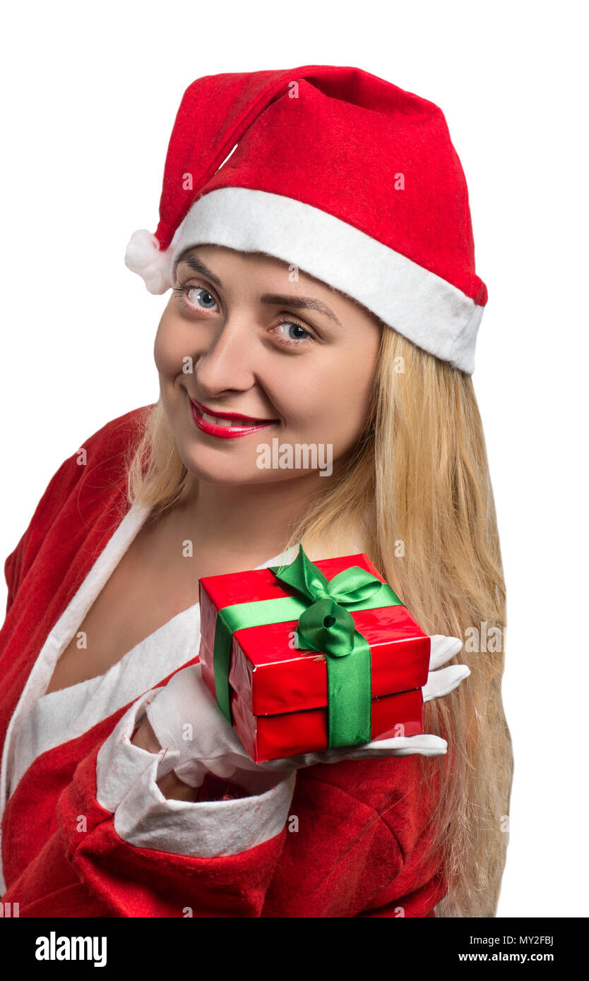 Portrait of a Santa girl with a gift in hands on white background Stock ...