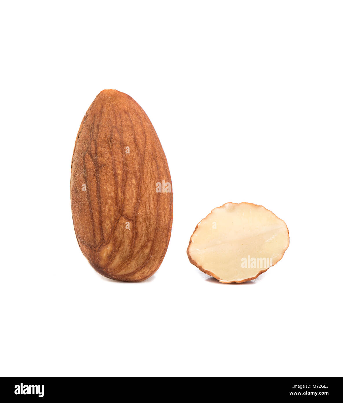 Nut Almond with half on a white background Stock Photo - Alamy