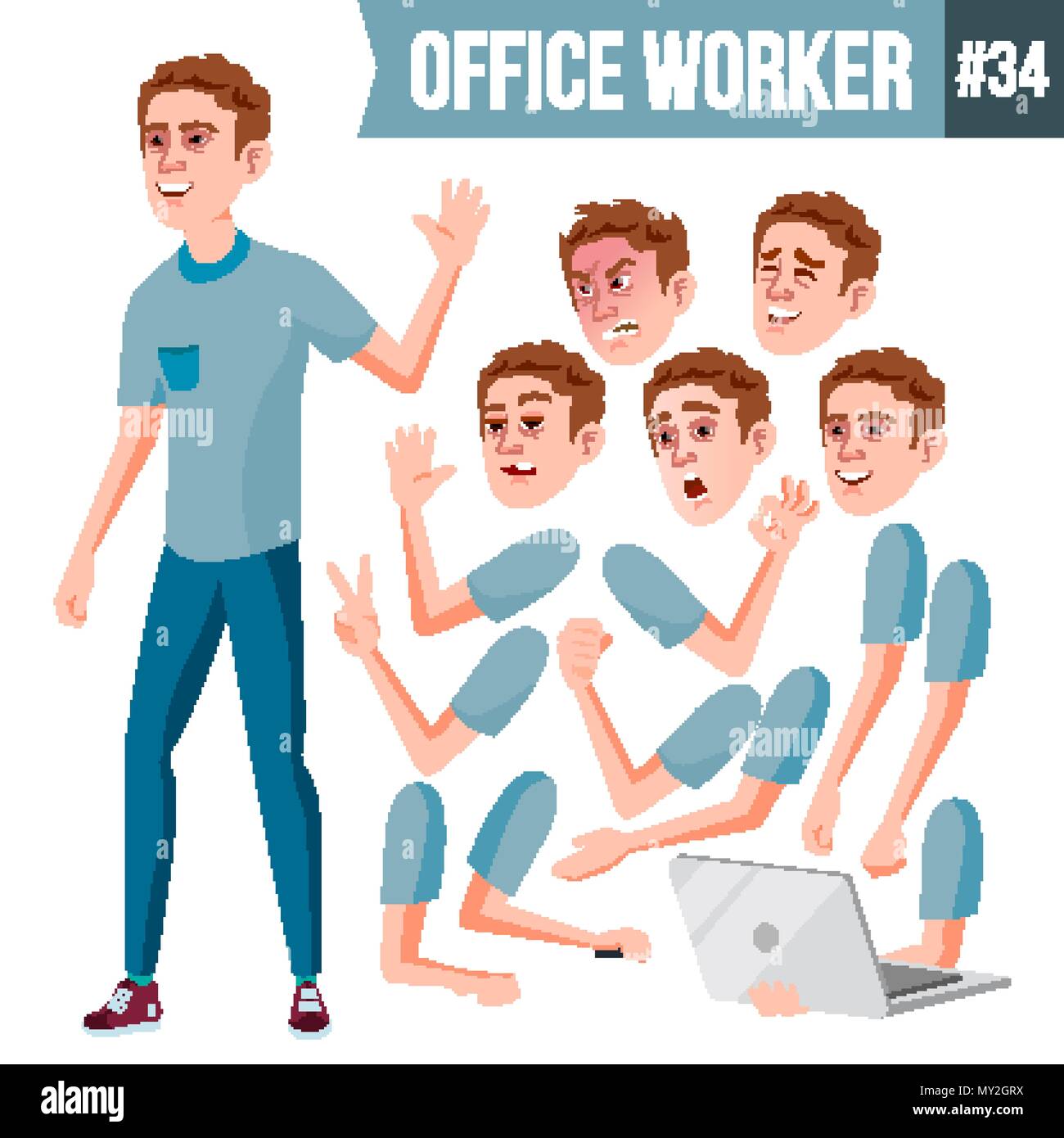 Office Worker Vector. Face Emotions, Various Gestures. Animation ...