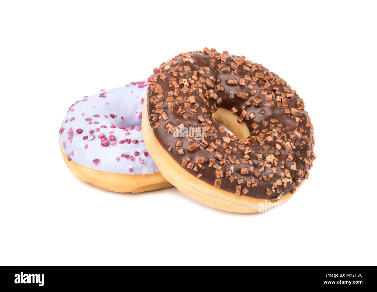 Two donut with chocolate icing and blue isolated on white background ...
