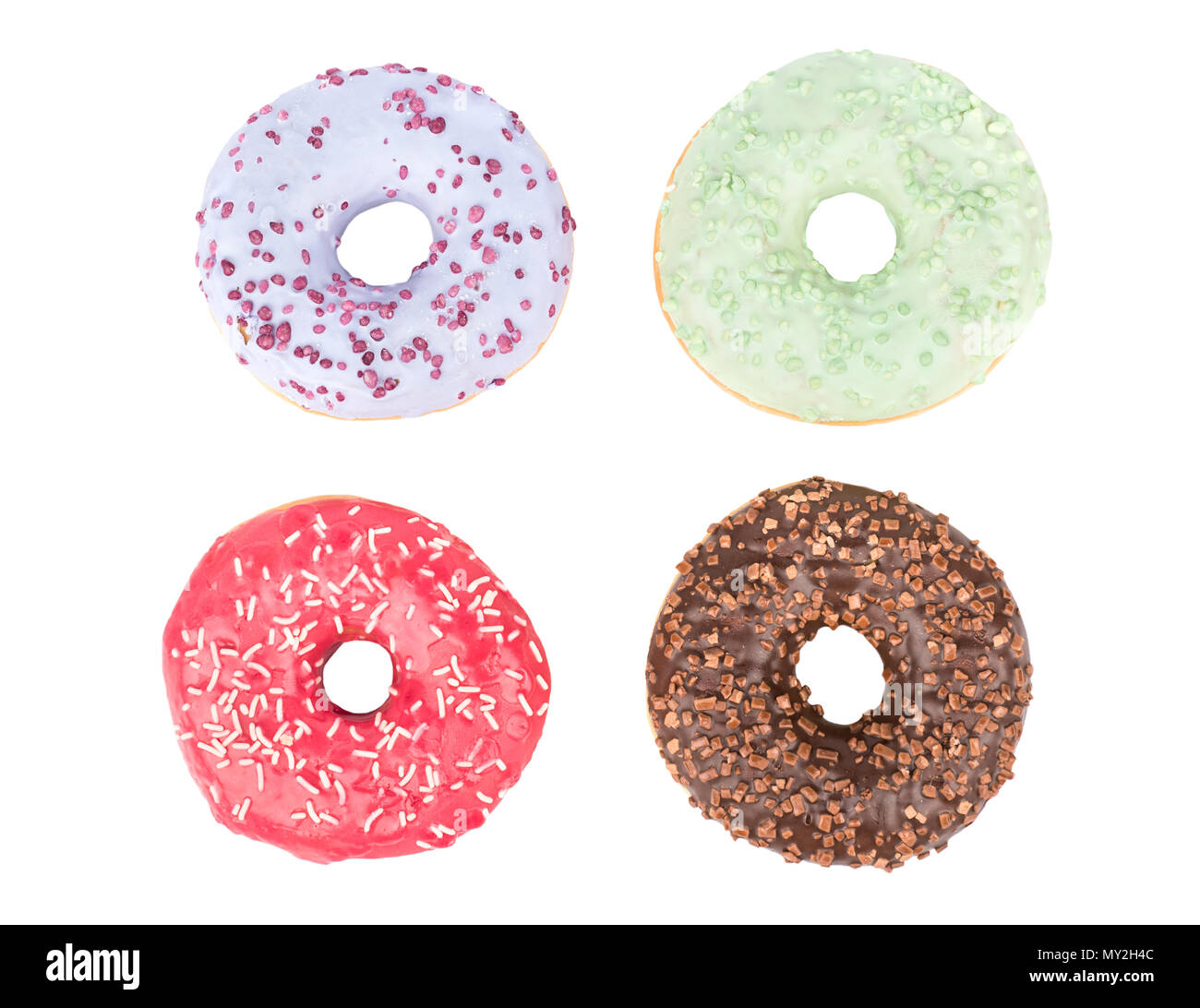 Collection of four donuts with a multicolored glaze isolated on white ...