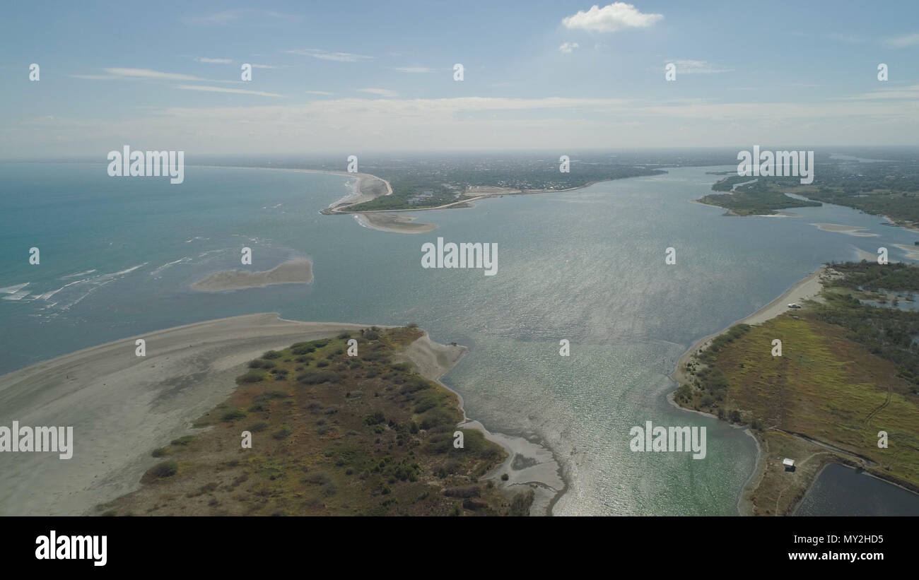 Aerial view of sandy beach Lingayen with azure water on the island ...