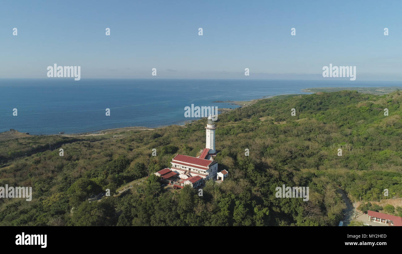 Aerial view of Lighthouse on hill. Cape Bojeador Lighthouse, Burgos ...
