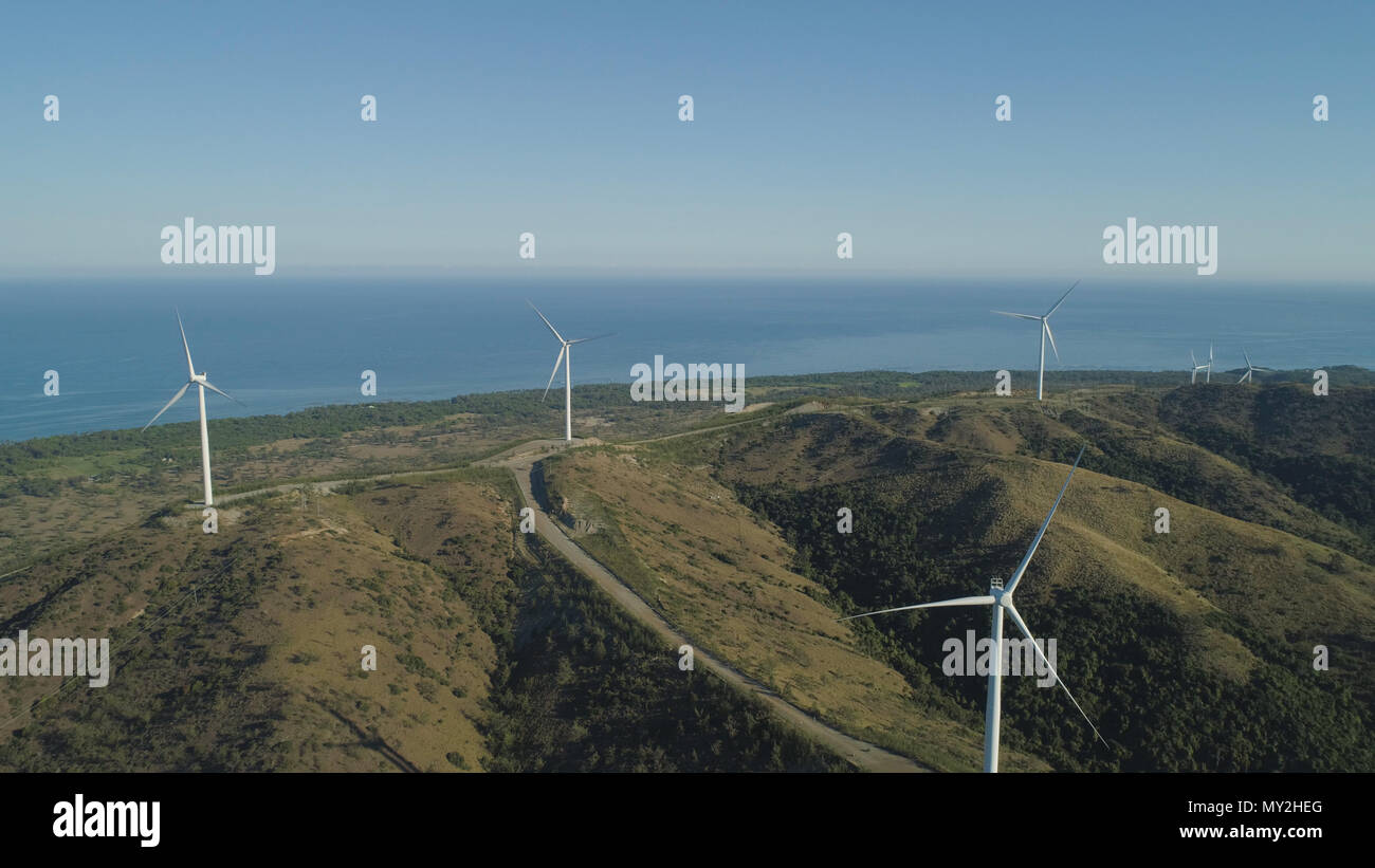 Aerial view of Windmills for electric power production on the seashore ...
