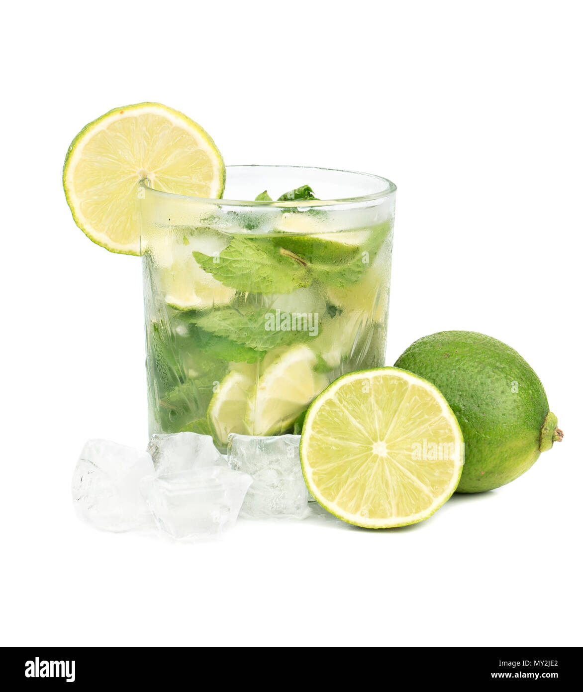 Glass of mojito cocktail with ingredients on a white background Stock ...