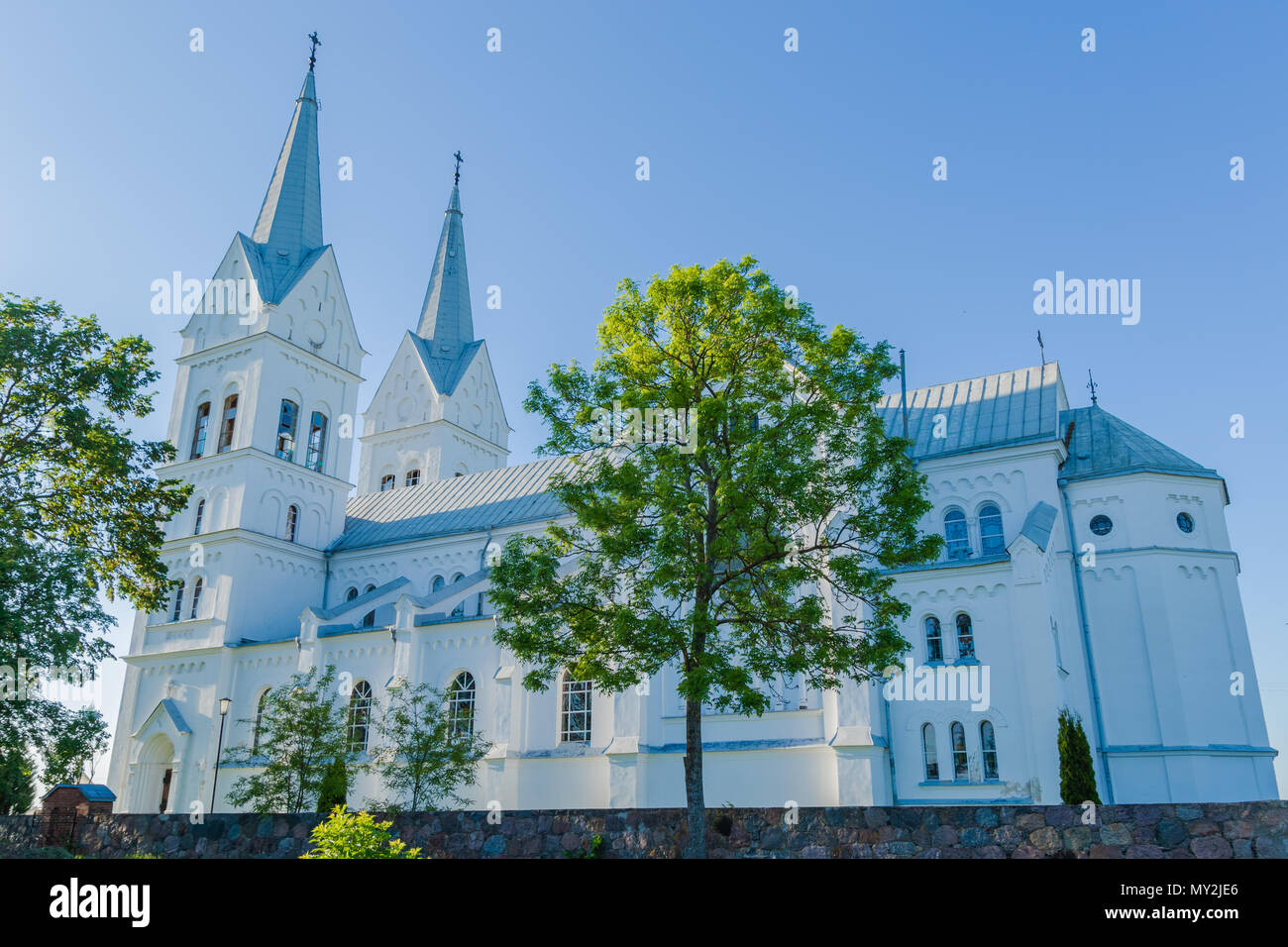 Majestic white Church of the Heart of Jesus in Slobodka, Belarus. The ...