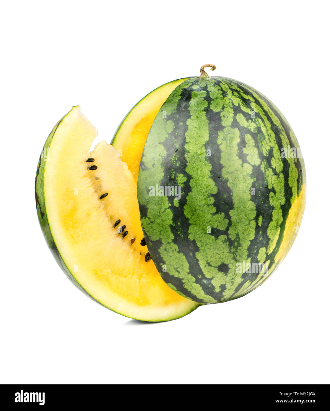 Fresh yellow watermelon with cut slice isolated on white background ...