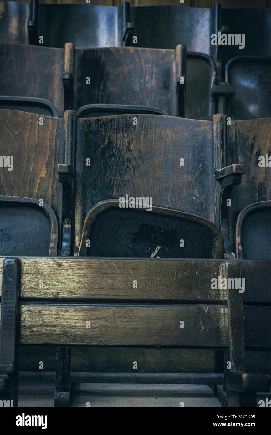 Old wooden seats in rows Stock Photo - Alamy