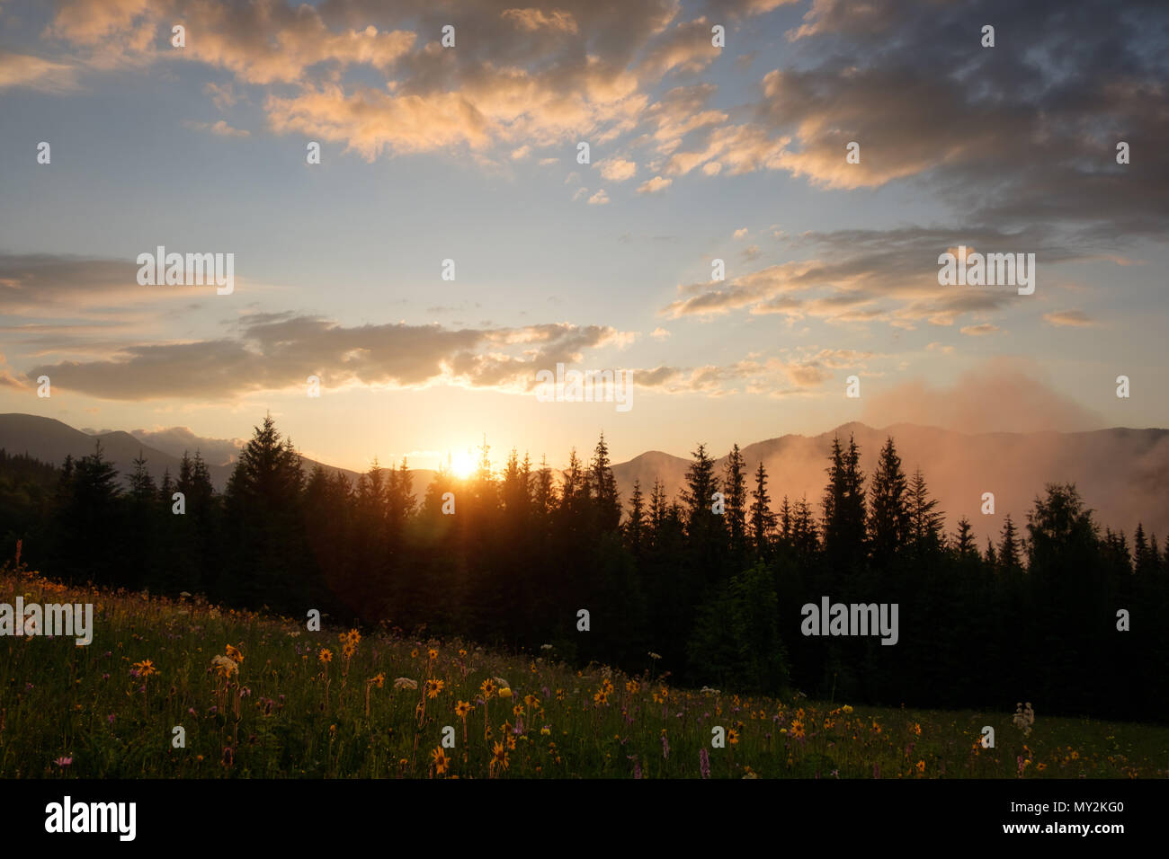Mountain valley during sunrise Stock Photo - Alamy