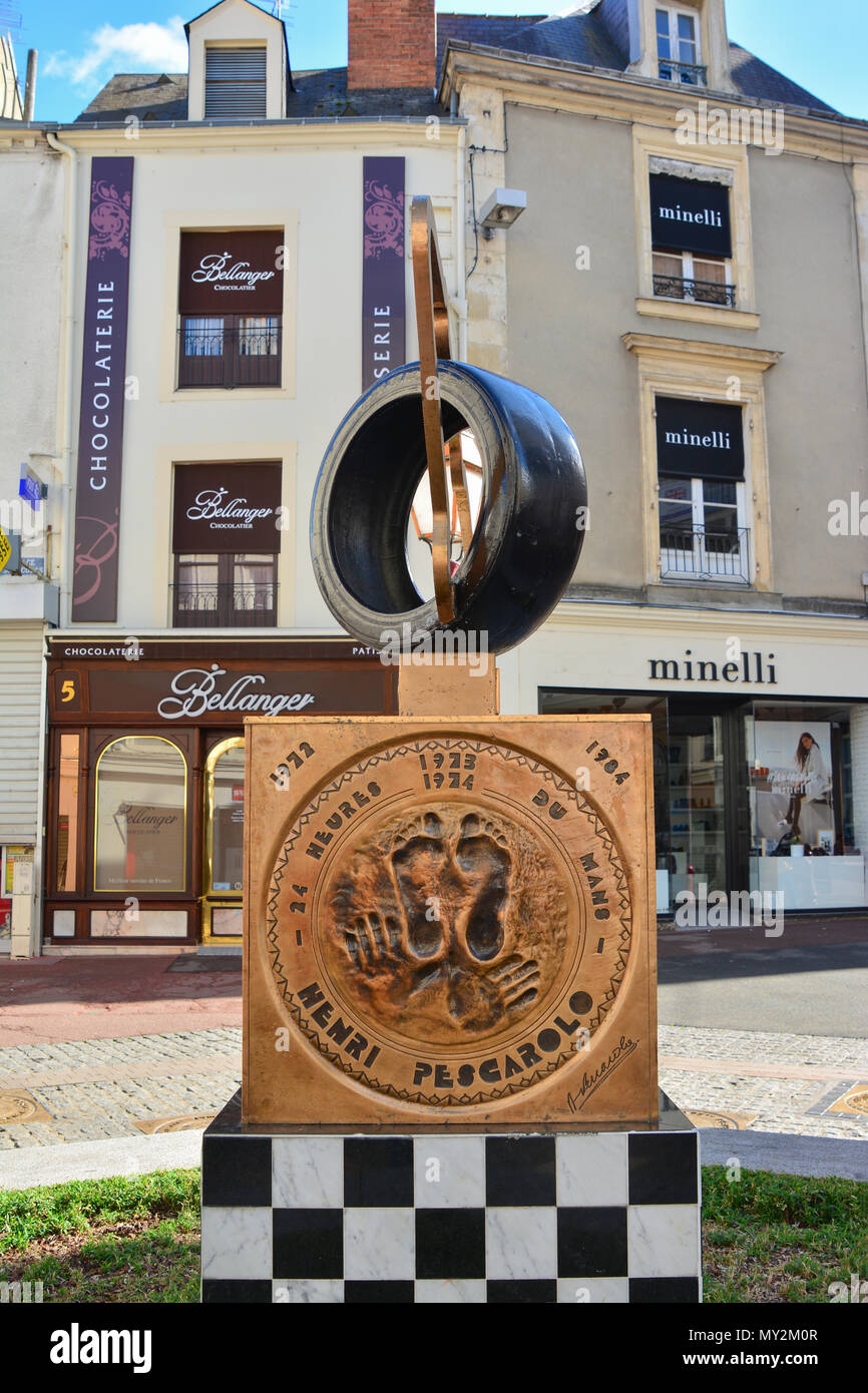 LE MANS, FRANCE - OCTOBER 08, 2017: Bronze monument with the emblem of ...