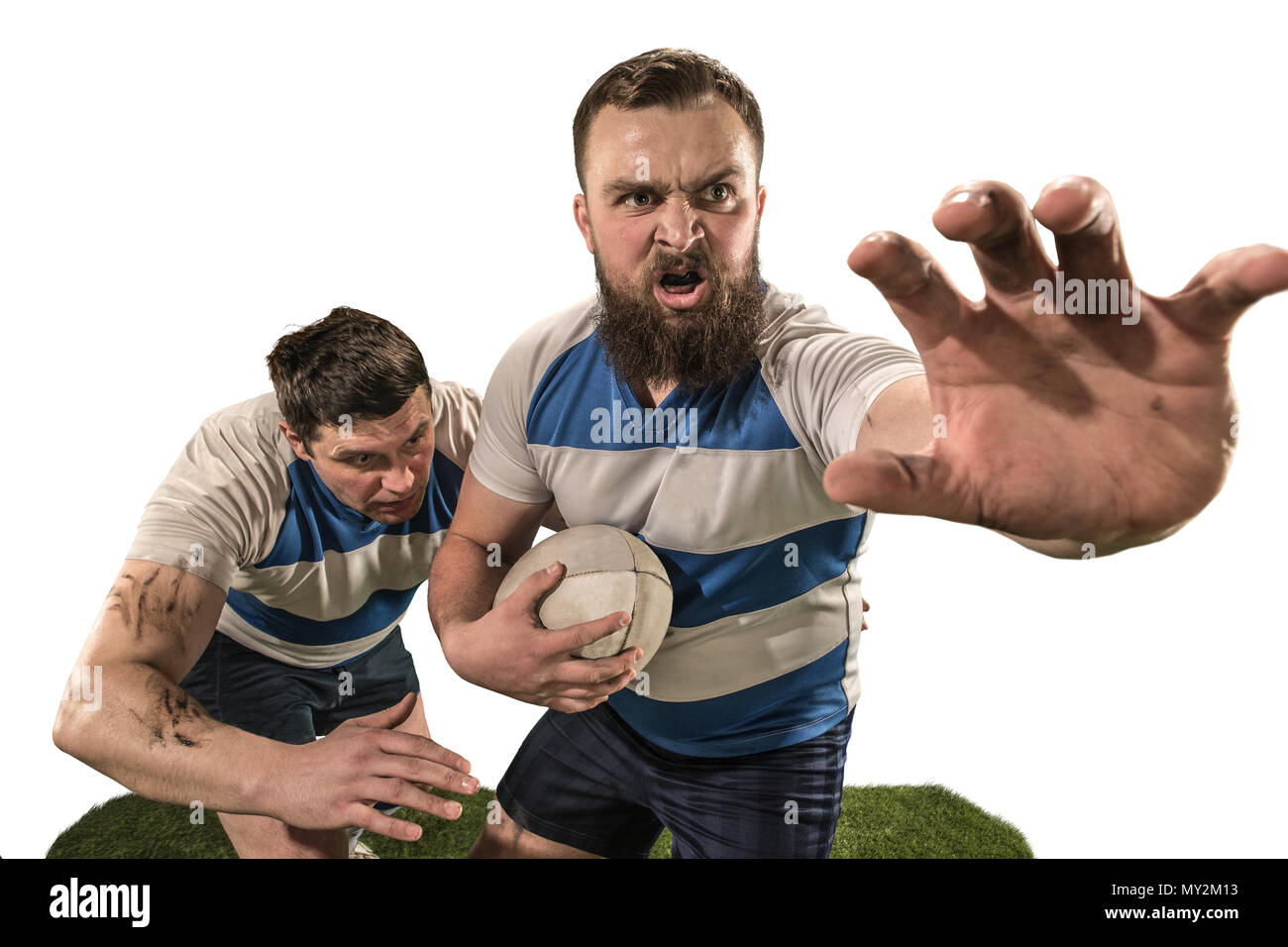 The silhouette of two caucasian rugby man player isolated on white ...