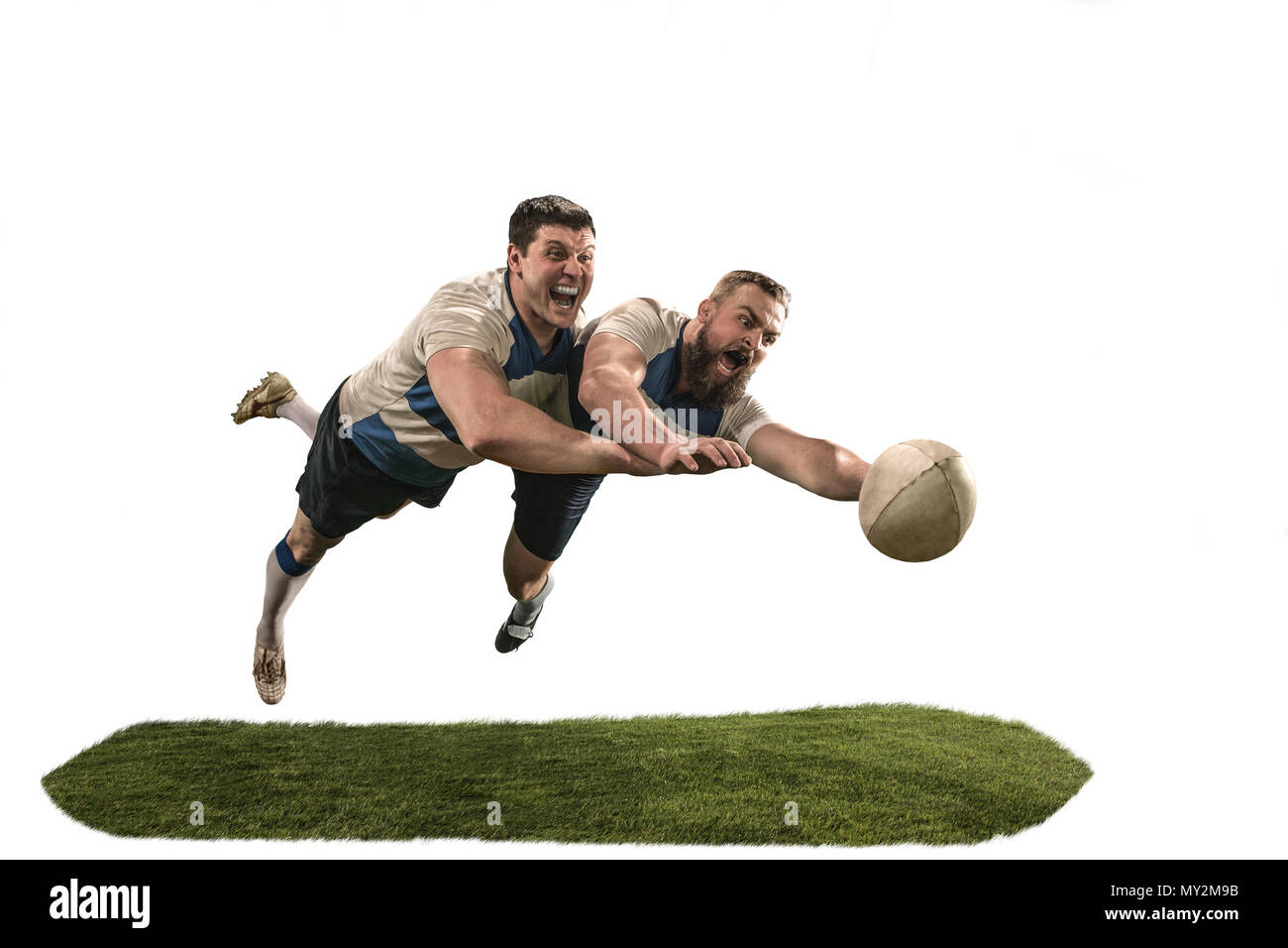 The silhouette of two caucasian rugby man player isolated on white ...