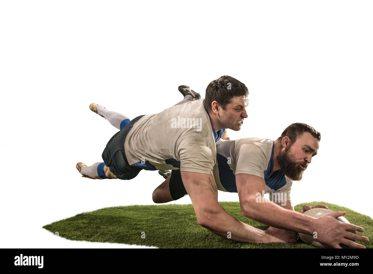 The silhouette of two caucasian rugby man player isolated on white ...