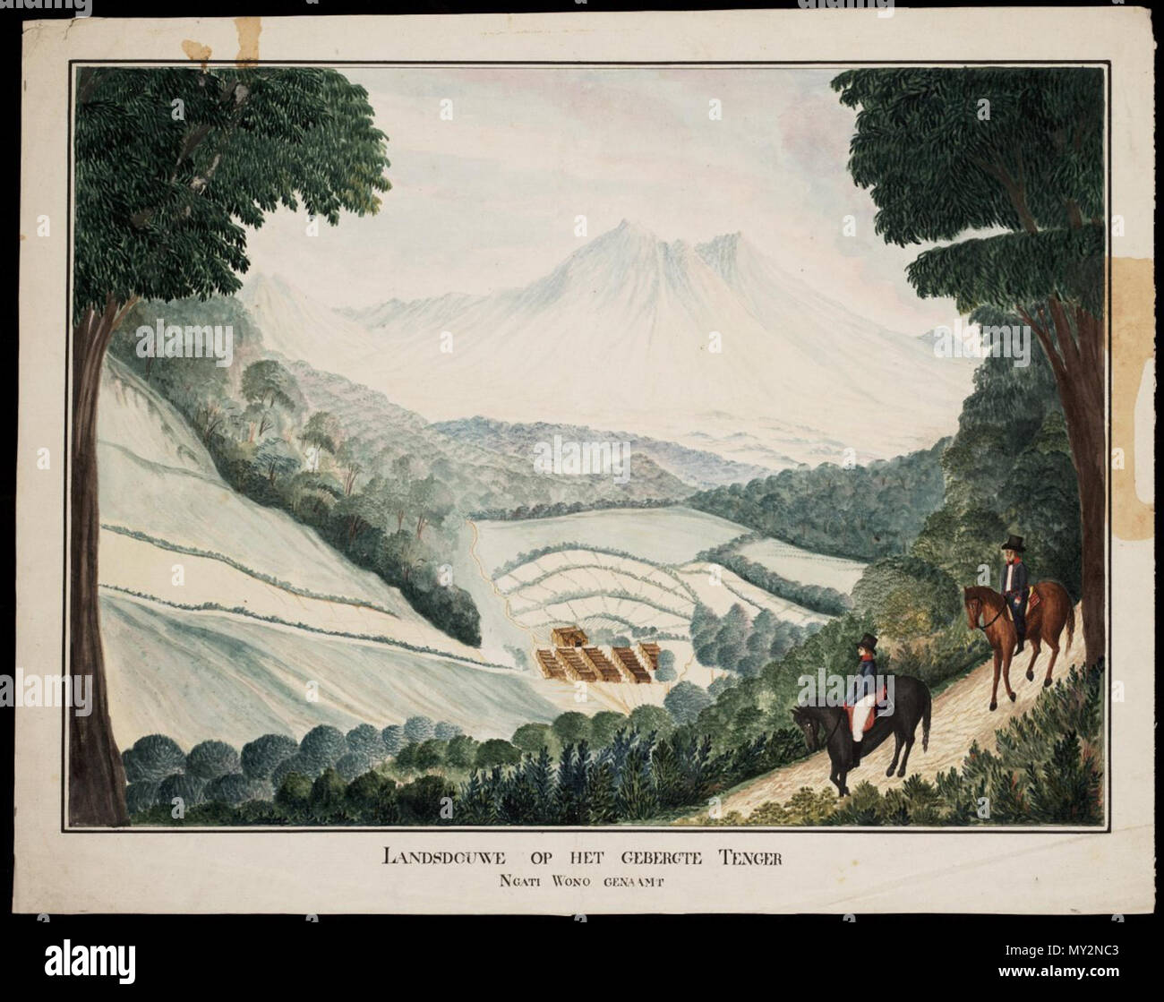 . Nederlands: Tekening in aanzicht van Ngati Wono bij het gebergte ...